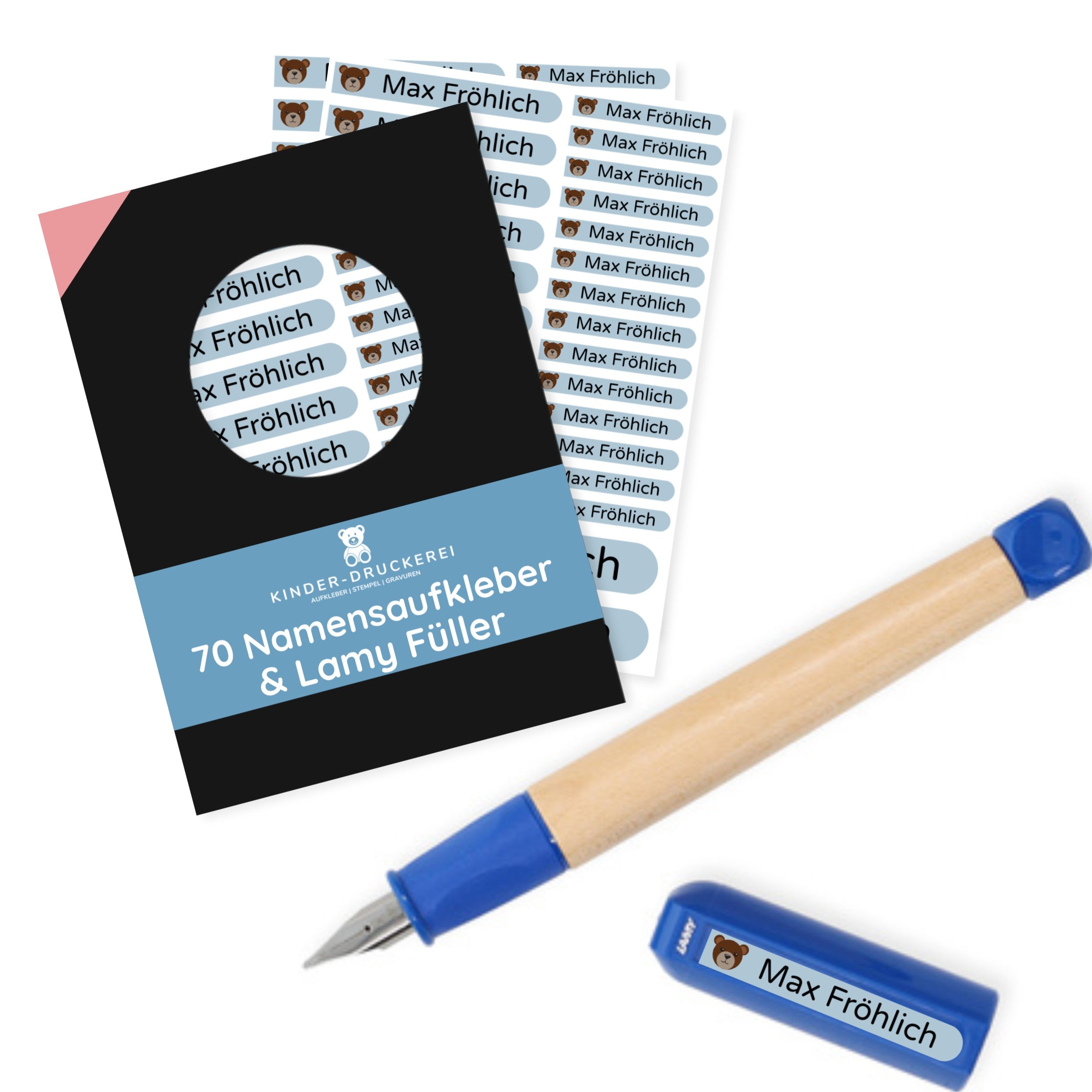 Personalisierter Lamy Schreiblern-Füller Blau & 70 Namensaufkleber ...